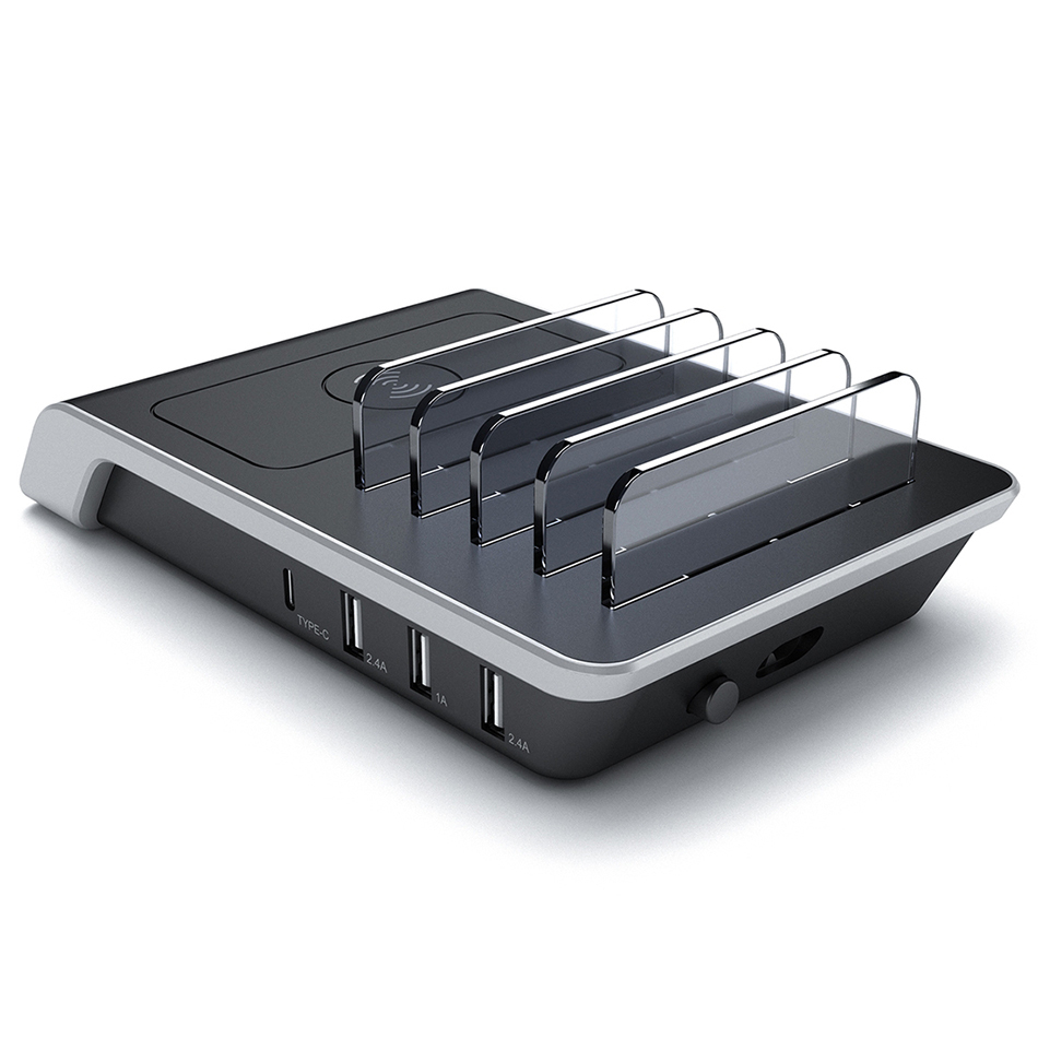 45W 4-Port USB Charging Station / Wireless Charger Desktop Stand